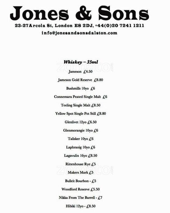 Menu at Jones & Sons restaurant, London, Stamford Works