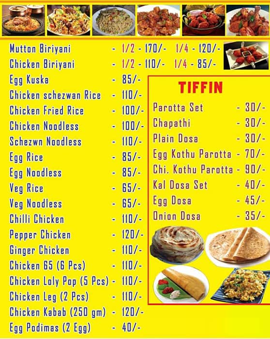 Menu of Adyar A1 Fast Food and Ambur Biriyani, Adyar, Chennai