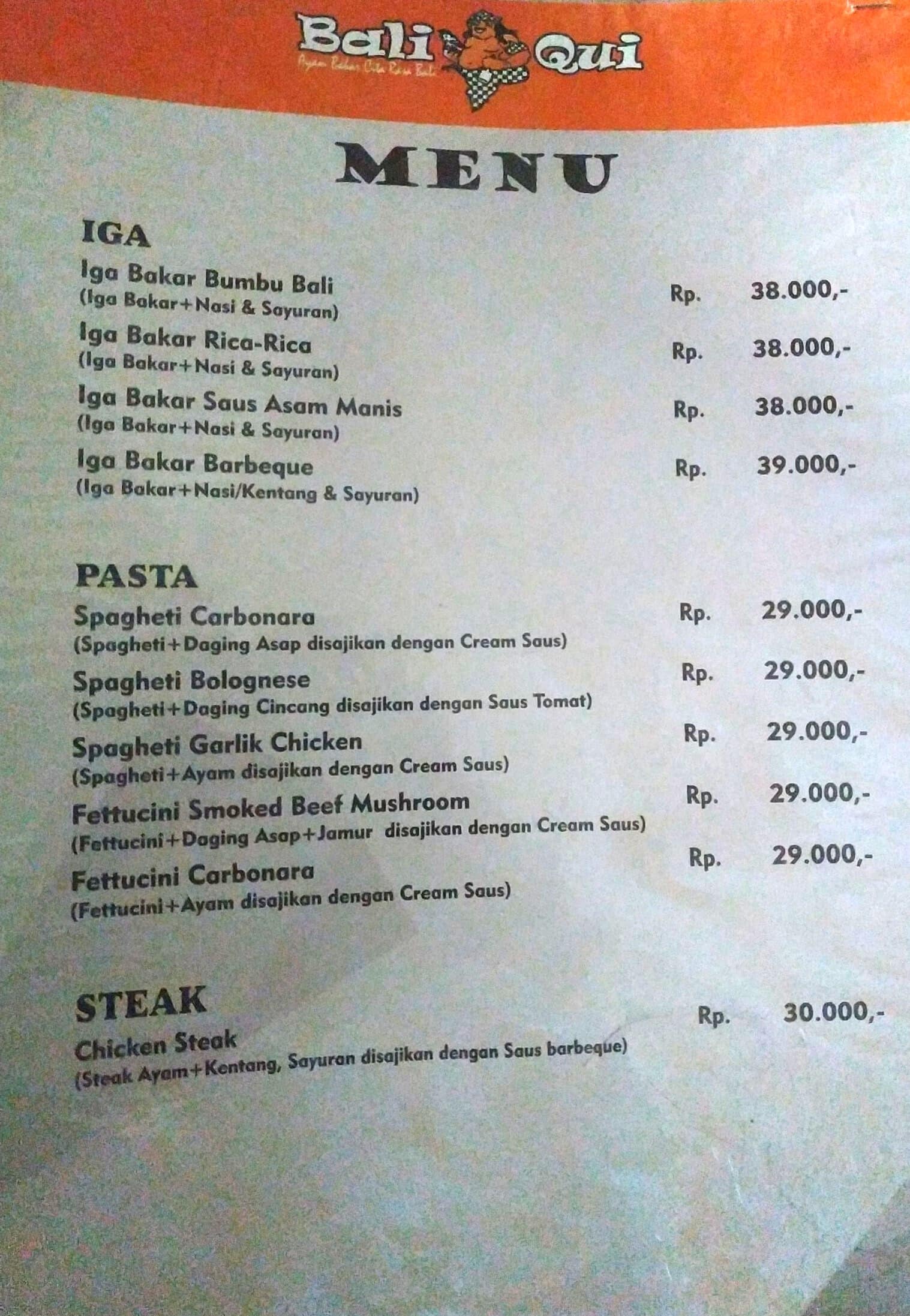 Menu at Bali Qui restaurant, Jakarta, Jl. Pahlawan No.9A