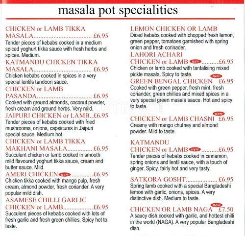 Menu at Masala Pot restaurant, Edinburgh