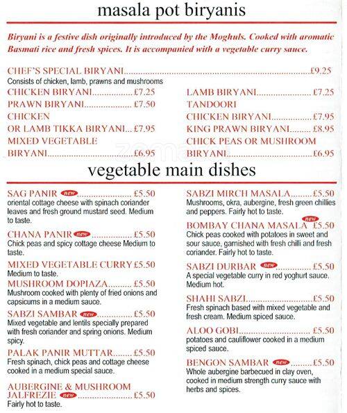 Menu at Masala Pot restaurant, Edinburgh
