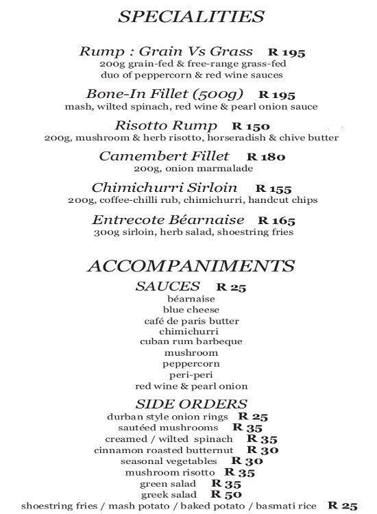 Menu at Little Havana restaurant, Umhlanga