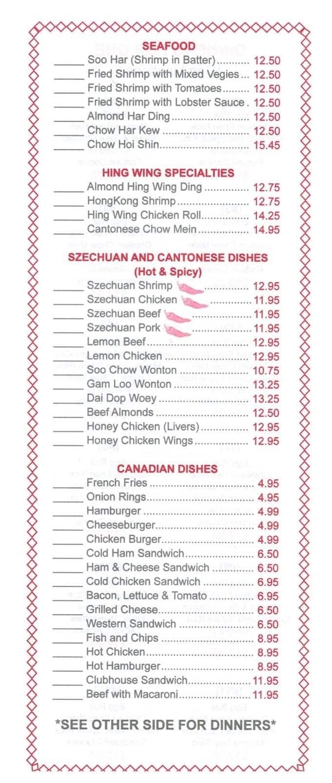 Menu at Hing Wing Restaurant, Dartmouth