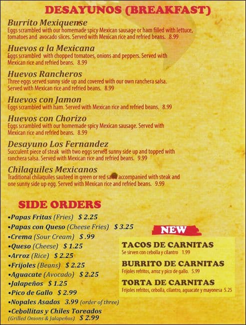 Menu at Los Fernandez Taqueria restaurant, Streamwood, E