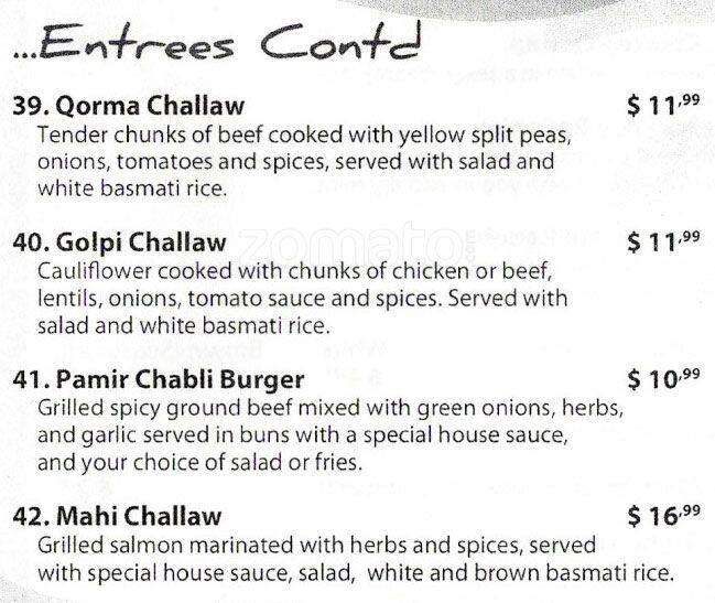 Menu at Pamir Restaurant, Dublin