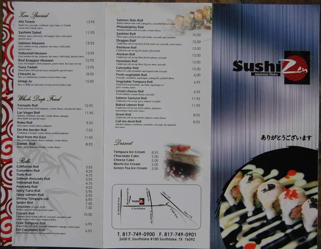 Menu at Sushi Zen restaurant, Southlake