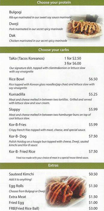 Menu at Kor-BQ fast food, Plano