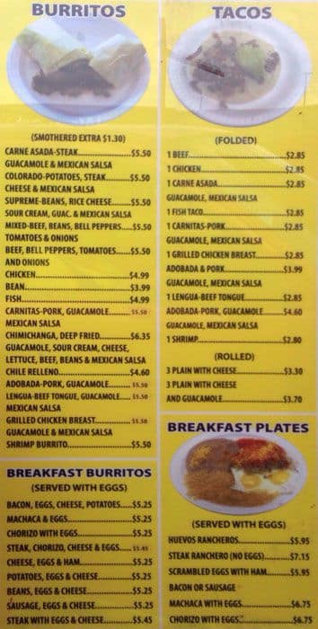 Menu at Tacos Rapidos restaurant, Denver, W Evans Ave