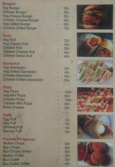 Menu at President Bakery, Hyderabad, 7-2-49/5/13/1