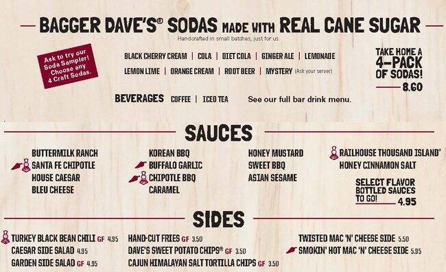 Menu at Bagger Dave's fast food, Centerville