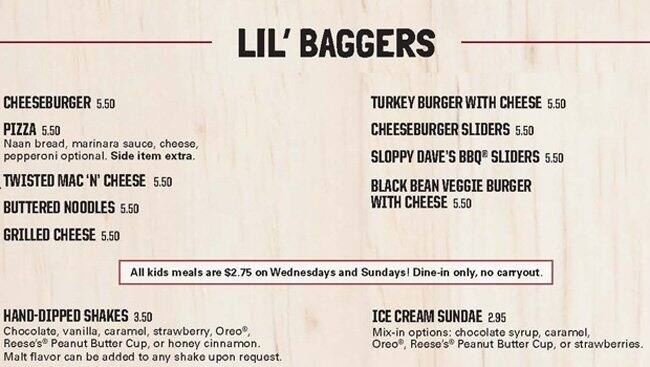 Menu at Bagger Dave's fast food, Centerville