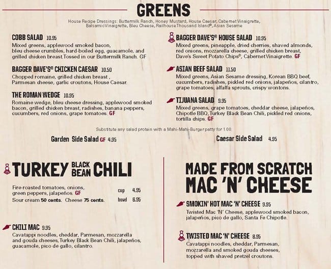 Menu at Bagger Dave's fast food, Centerville