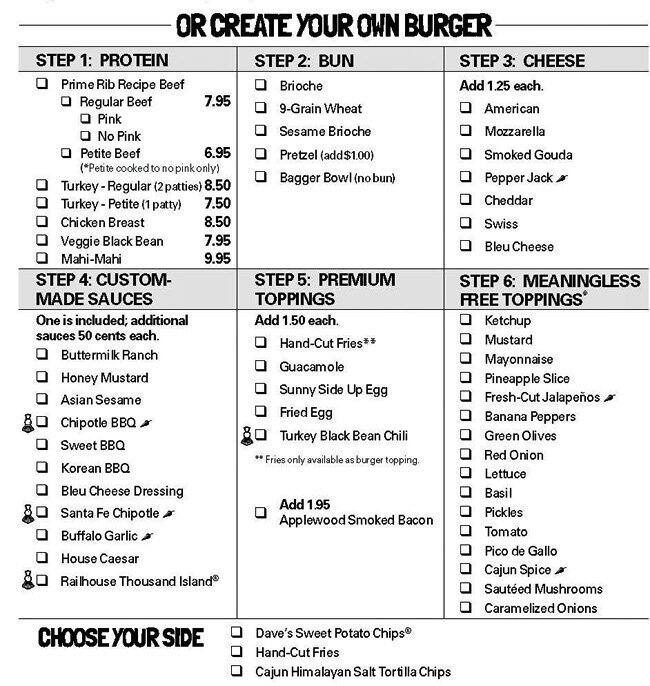 Menu at Bagger Dave's fast food, Centerville