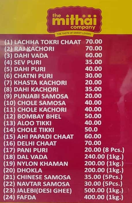Menu of The Mithai Company, Naroda, Ahmedabad