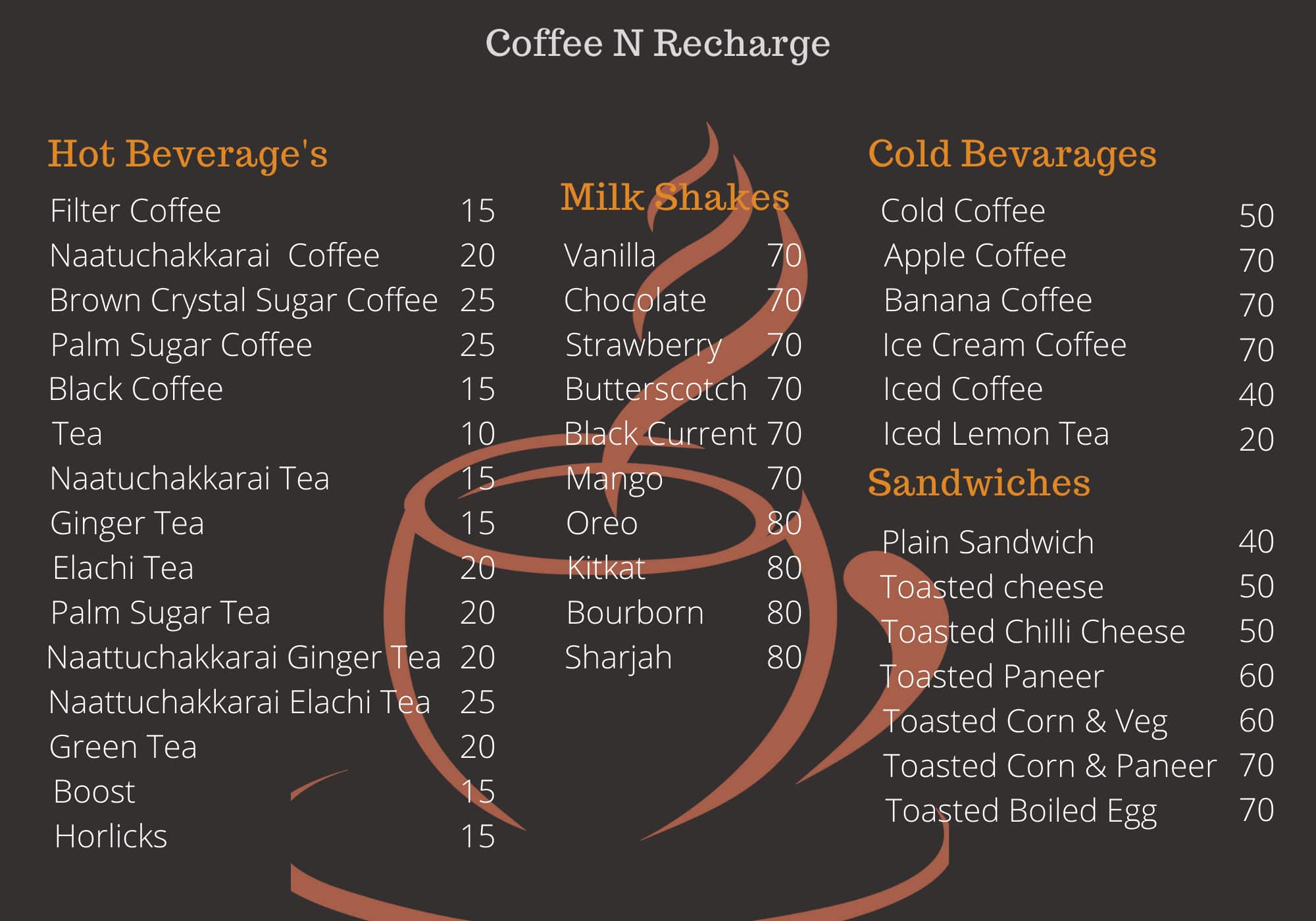 Menu of Coffee n Recharge, Vadavalli, Coimbatore