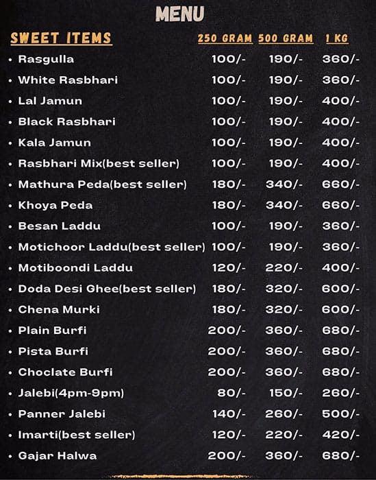 Menu of Singhal Sweets, Khanpur, New Delhi