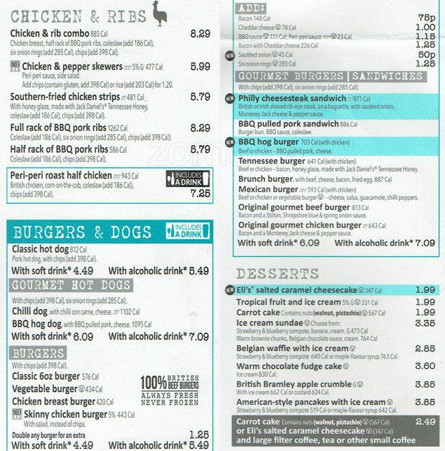 Carta del pub y bar J.J. Moons - JD Wetherspoon, Hornchurch, 50-54 High St