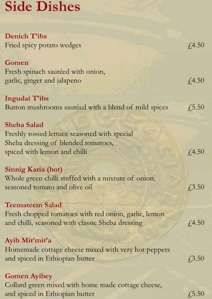 Menu at The Queen of Sheba Restaurant, London, 12 Fortess Rd