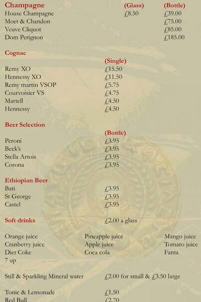 Menu at The Queen of Sheba Restaurant, London, 12 Fortess Rd