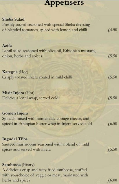 Menu at The Queen of Sheba Restaurant, London, 12 Fortess Rd