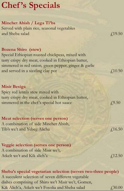 Menu at The Queen of Sheba Restaurant, London, 12 Fortess Rd