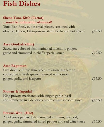 Menu at The Queen of Sheba Restaurant, London, 12 Fortess Rd