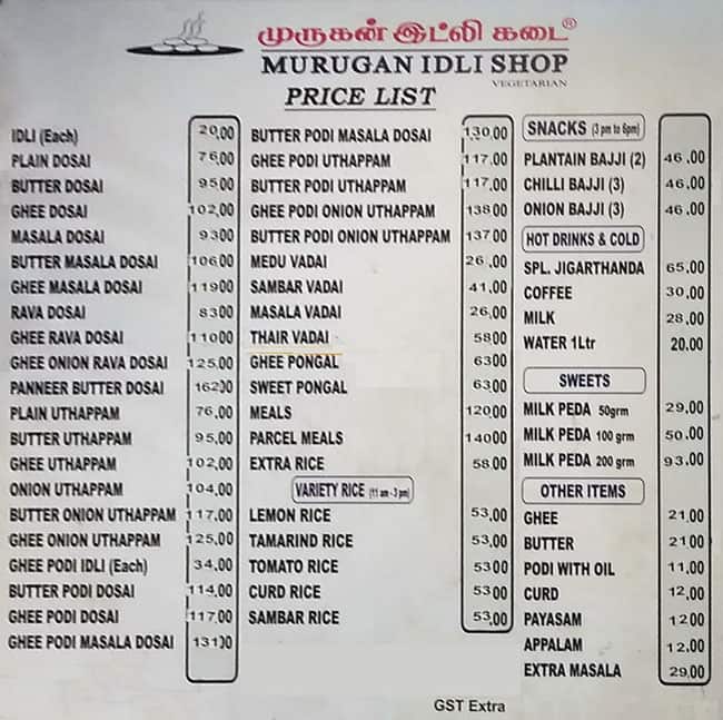Menu at Murugan Idli Shop, Chennai, Bharathi Salai
