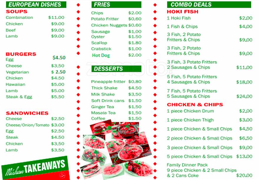 Carta del restaurante Kai Reka Takeaways and Catering, Nueva Zelanda