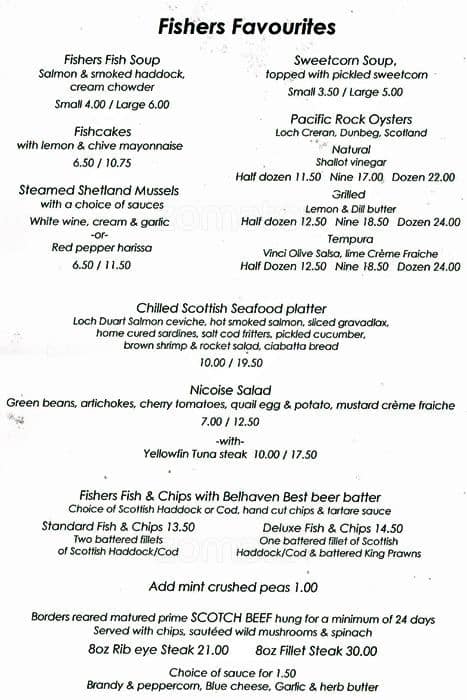 Menu at Fishers in the City restaurant, Edinburgh