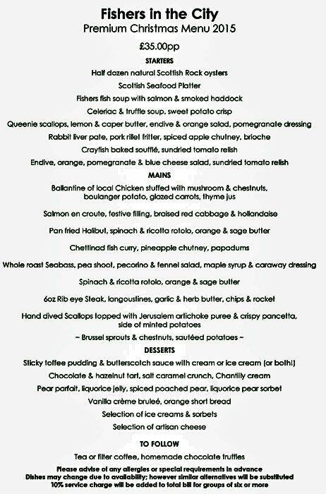 Menu at Fishers in the City restaurant, Edinburgh