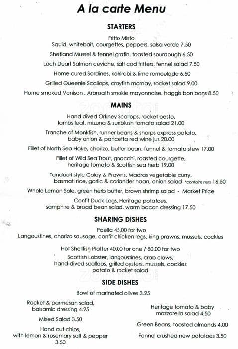 Menu at Fishers in the City restaurant, Edinburgh