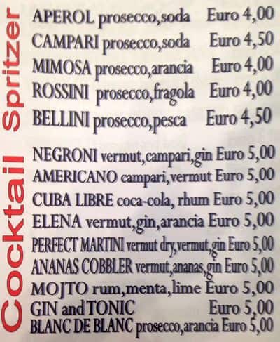 Menu da Green Bar, Roma, Circonvallazione Trionfale