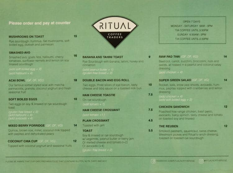 Menu at Ritual Coffee Traders Northbridge cafe, Northbridge