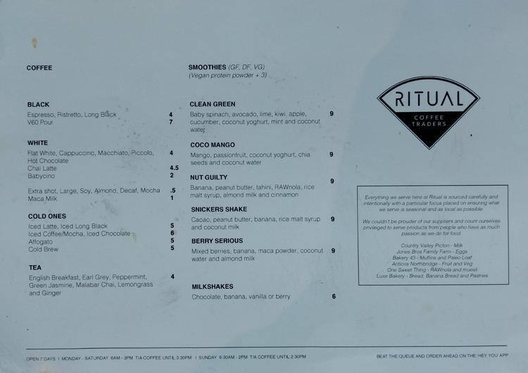 Menu at Ritual Coffee Traders Northbridge cafe, Northbridge