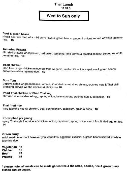 Menu at Sabai Cafe, Glenelg South