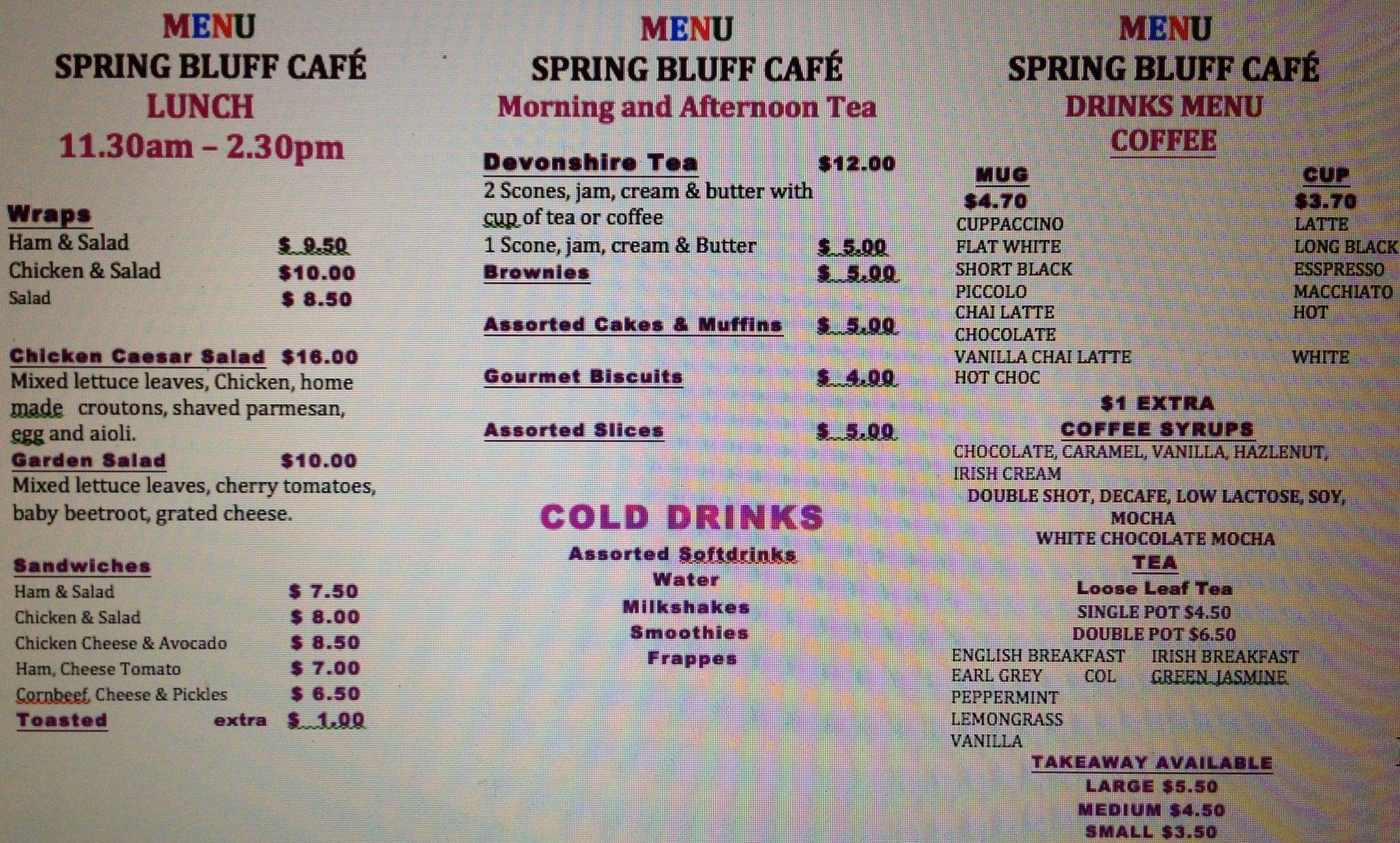 Menu at Spring Bluff Cafe, Cabarlah
