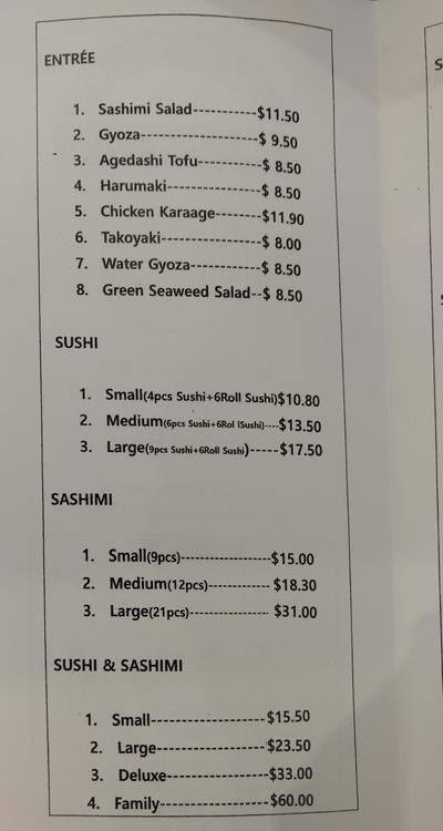 Menu at Rainbow Sushi restaurant, Mona Vale
