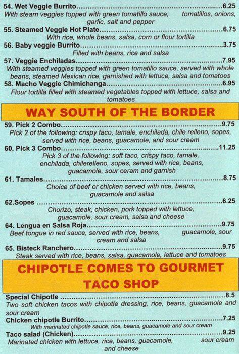 Menu at Gourmet Taco Shop restaurant, Sonoma