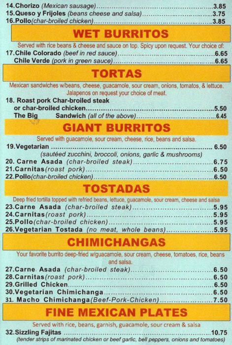Menu at Gourmet Taco Shop restaurant, Sonoma