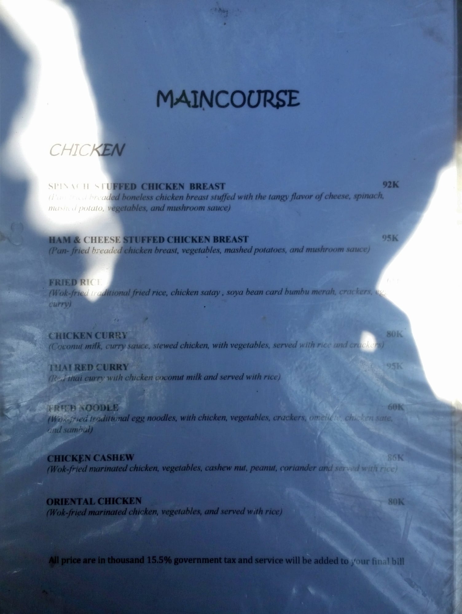 Menu at The Warung restaurant, Gianyar