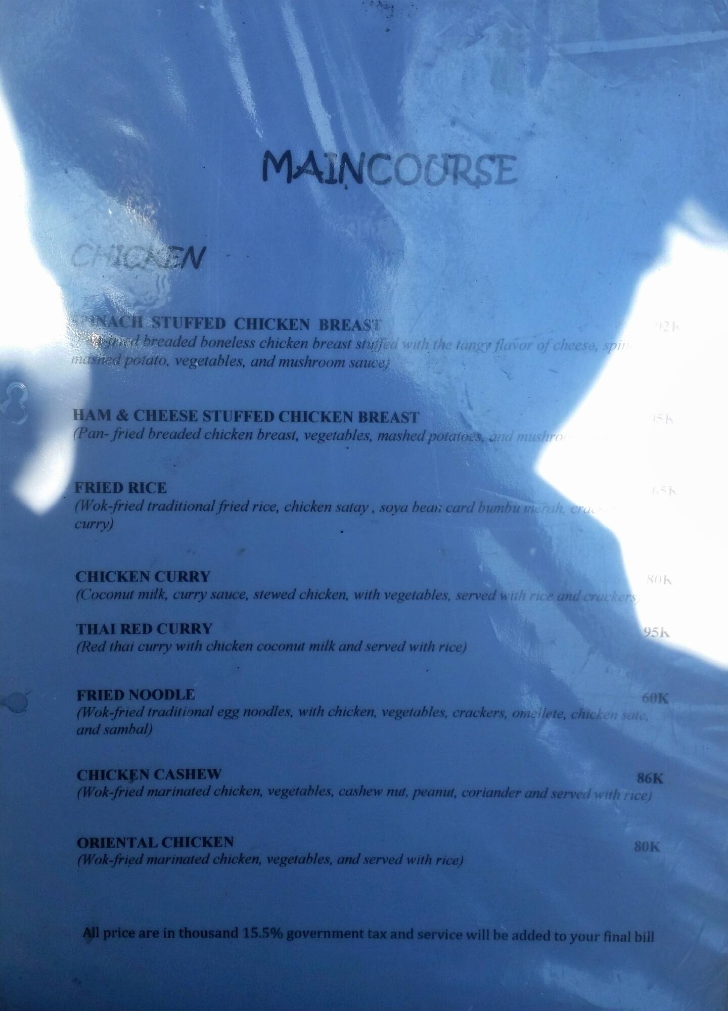 Menu at The Warung restaurant, Gianyar