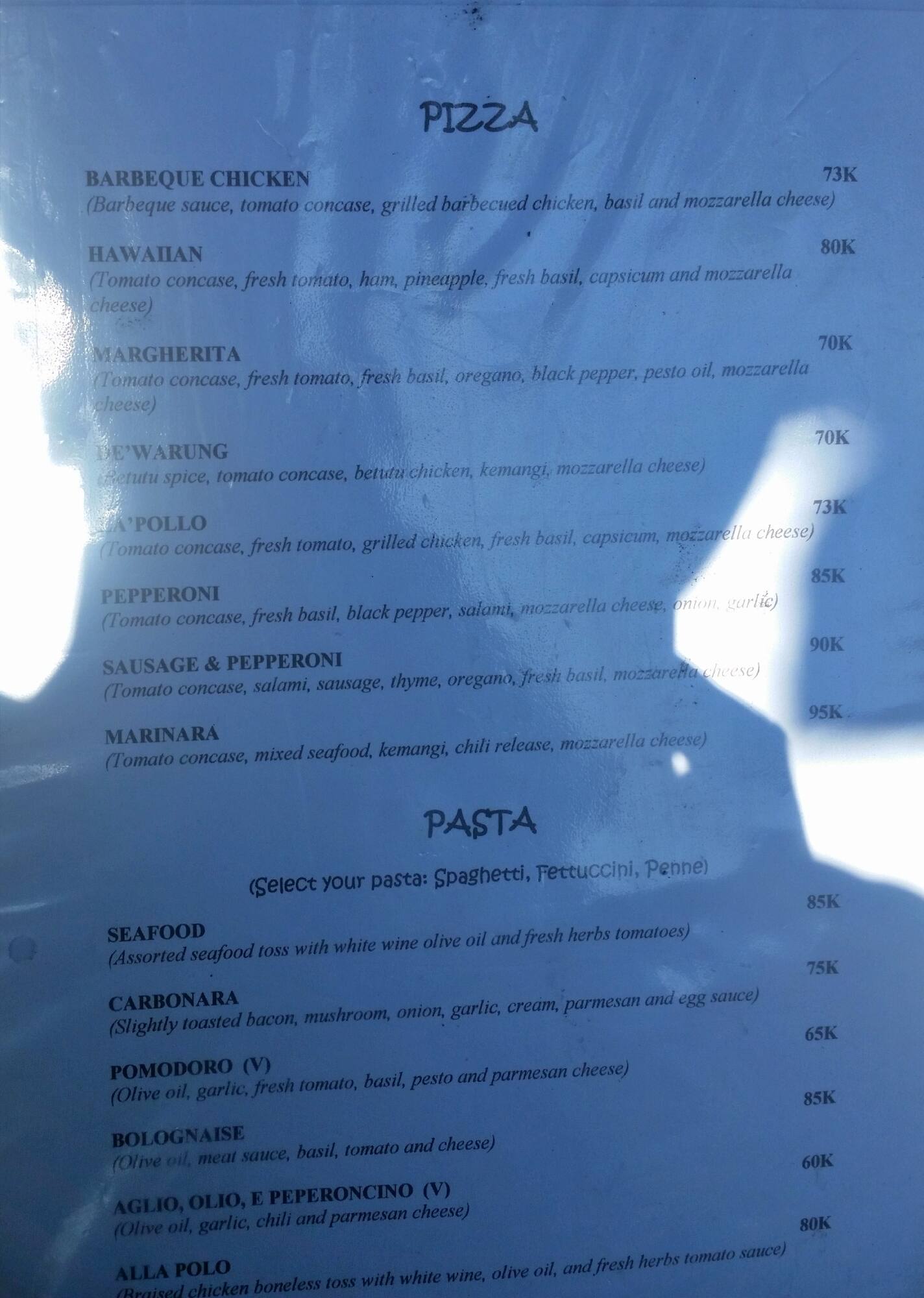 Menu at The Warung restaurant, Gianyar