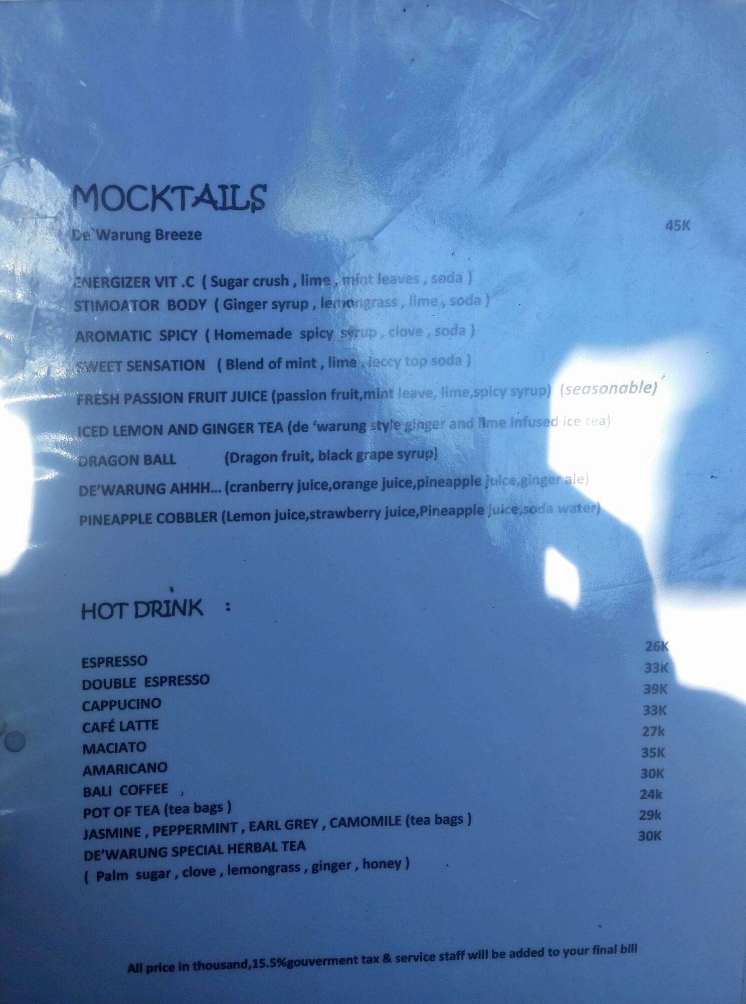 Menu at The Warung restaurant, Gianyar