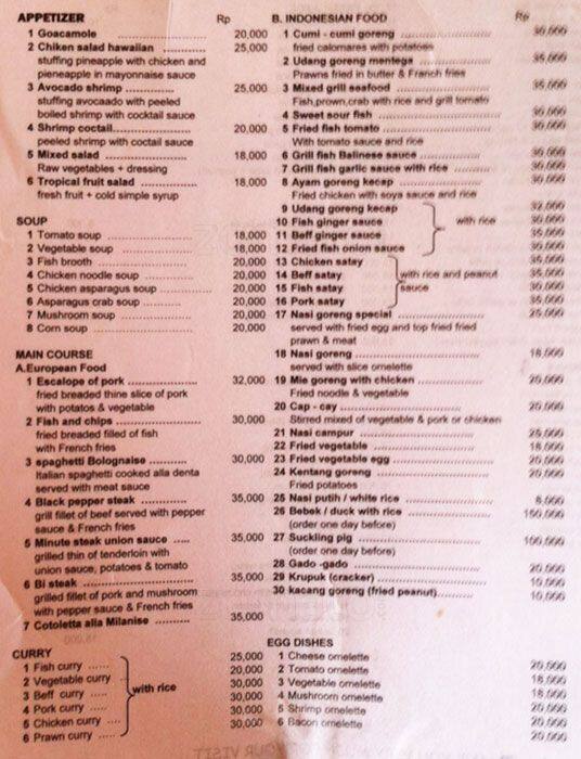 Carta de Puri Bali Bar & Restaurant - Puri Bali Hotel, Buleleng