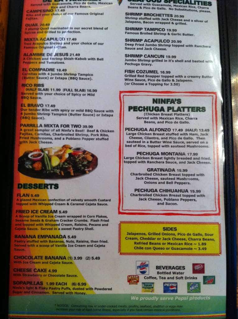 Menu At Ninfas Mexican Restaurant Waco
