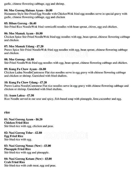 Menu at GOSSIP Malaysian & Thai Cuisine restaurant, Manchester