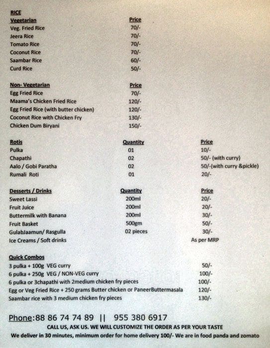 Menu at Happy Bellies, Hyderabad