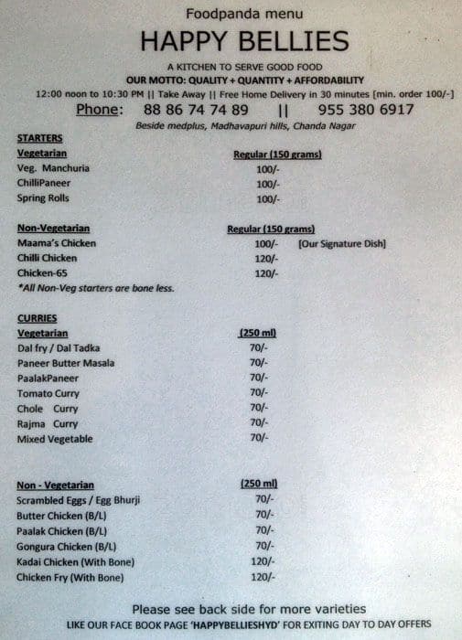 Menu at Happy Bellies, Hyderabad