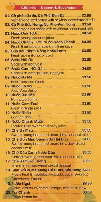 Menu at Pho Hoang Viet restaurant, Richmond