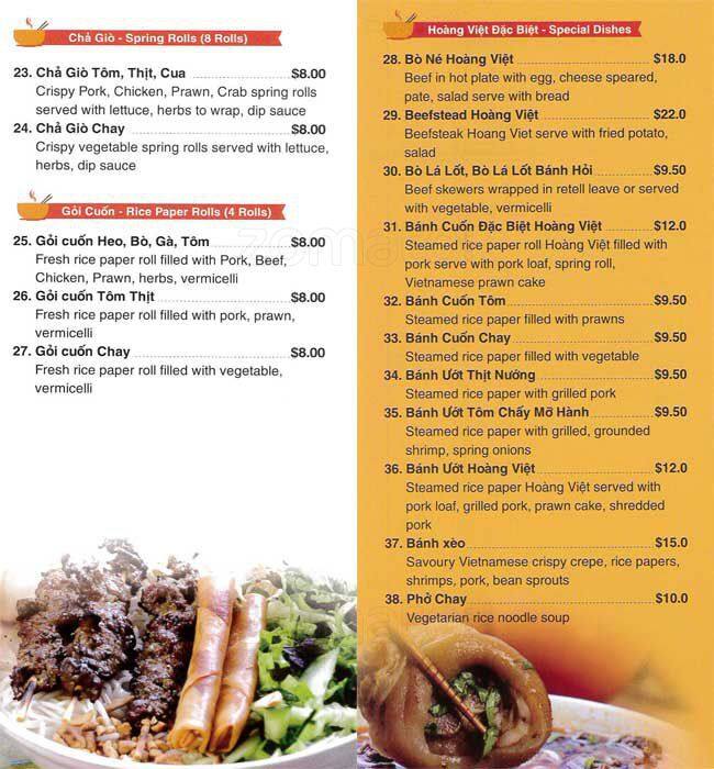 Menu at Pho Hoang Viet restaurant, Richmond